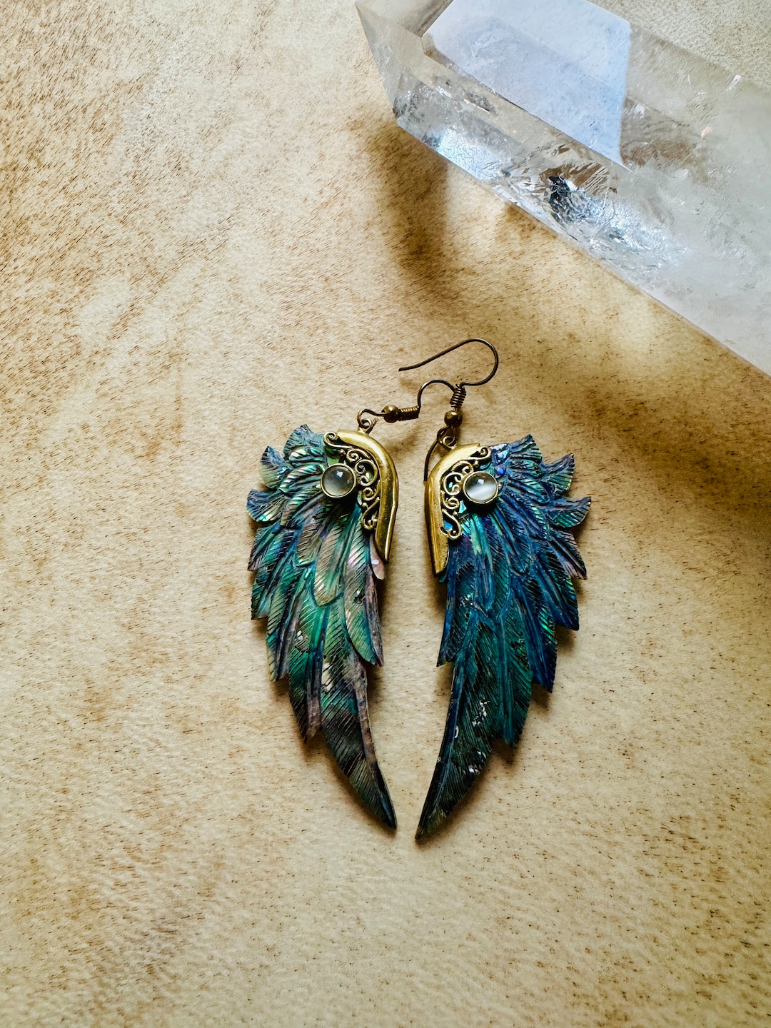Rainbow Abalone Shell Angel Wing Earrings Adorned With Brass and ...