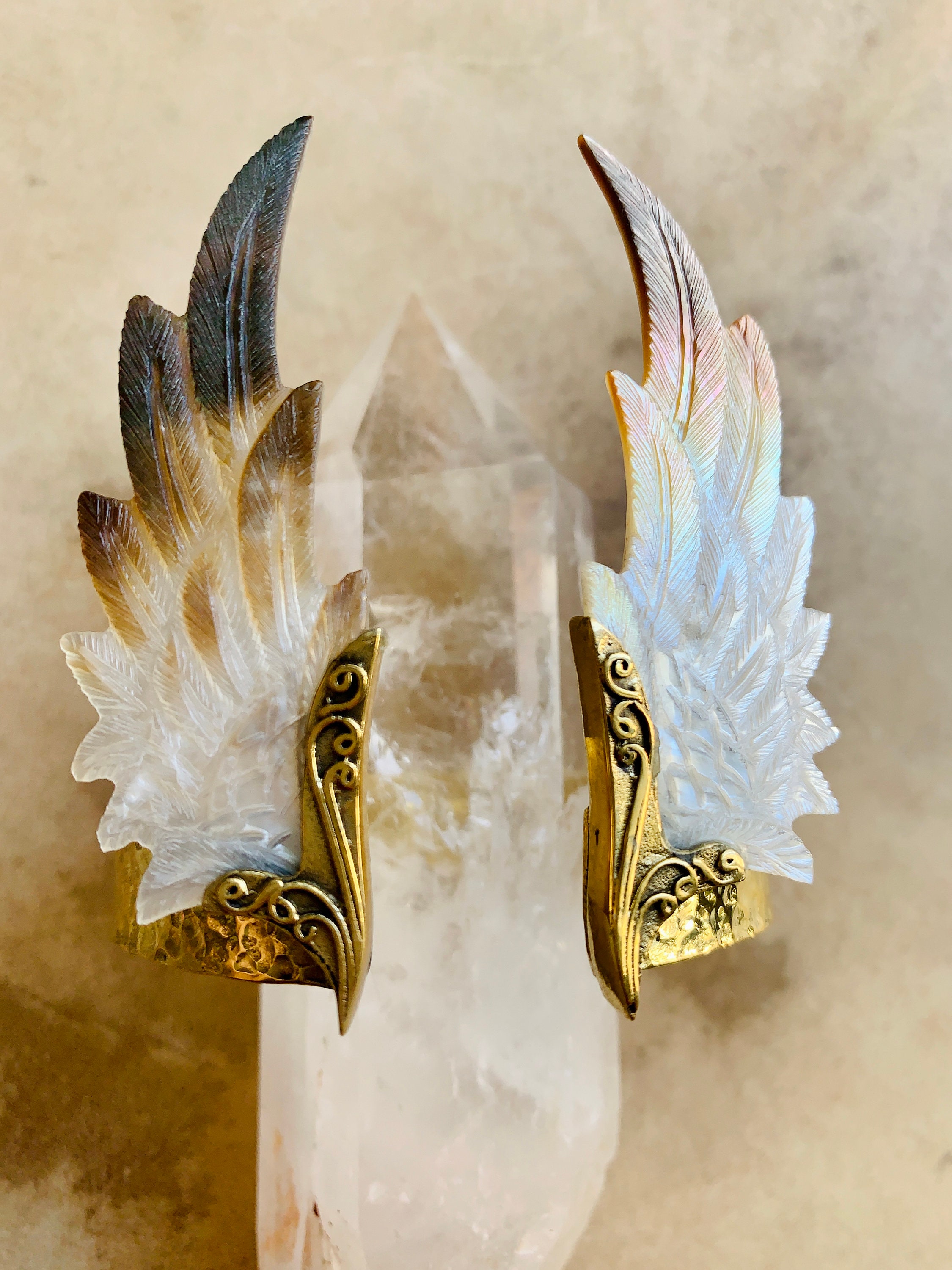 Extra Large White and Natural Brass Angel Wing Shell Bracelet - Etsy
