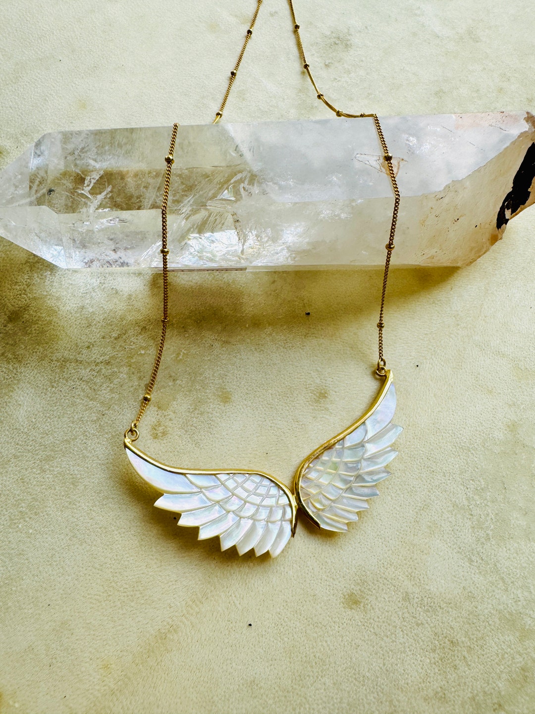 Large 22k Gold and Mother of Pearl Angel Wing Necklace, Gift for Her ...