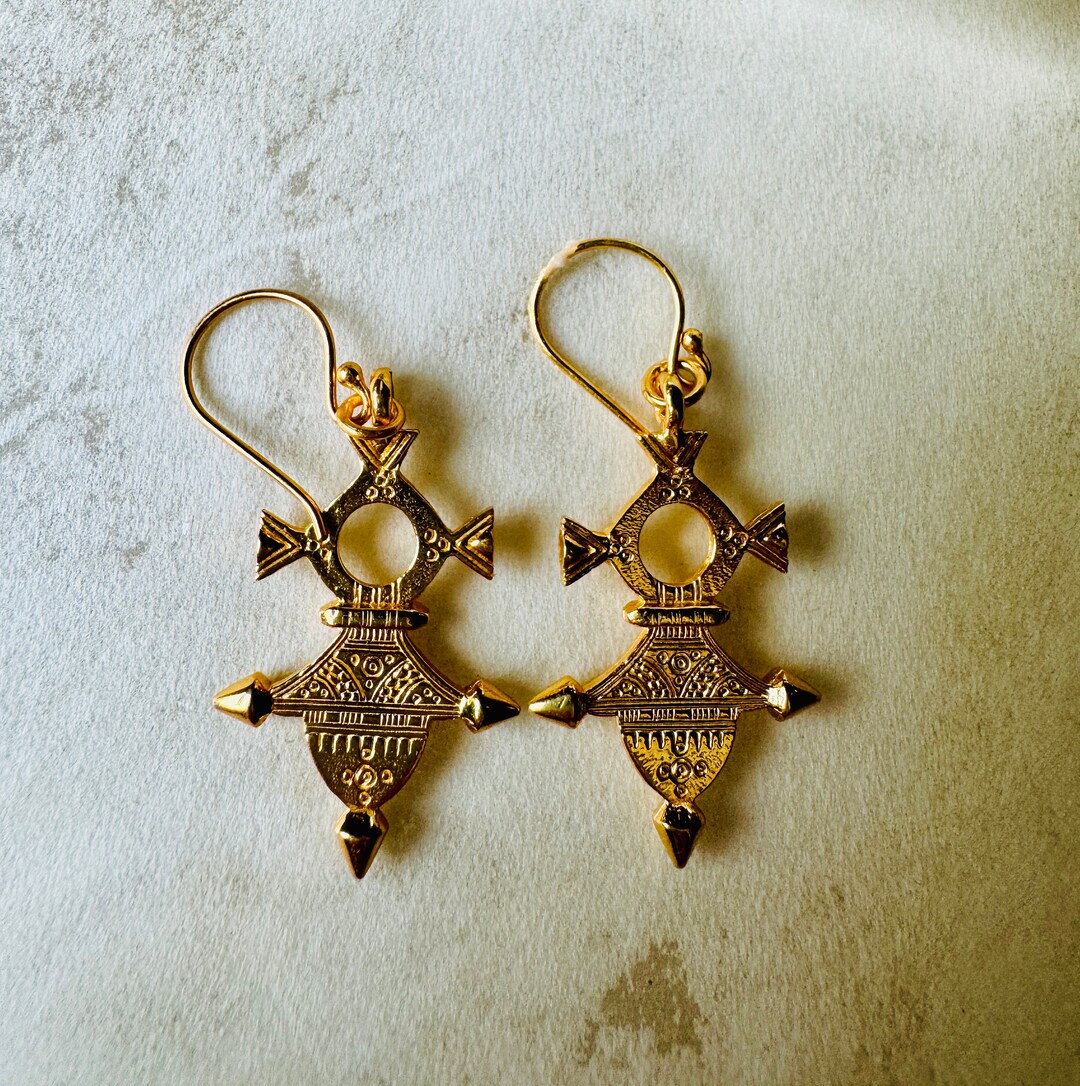 Tribal Tuareg Compass Drop Earrings in 22k Gold, Navigation, Berber ...
