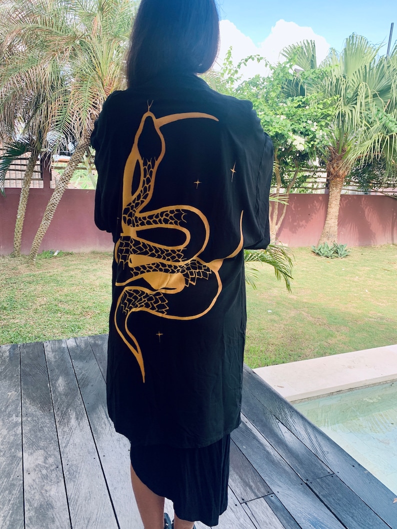 Handpainted Lunar Serpent Kimono Jacket: Golden Snake Batik Art - Etsy