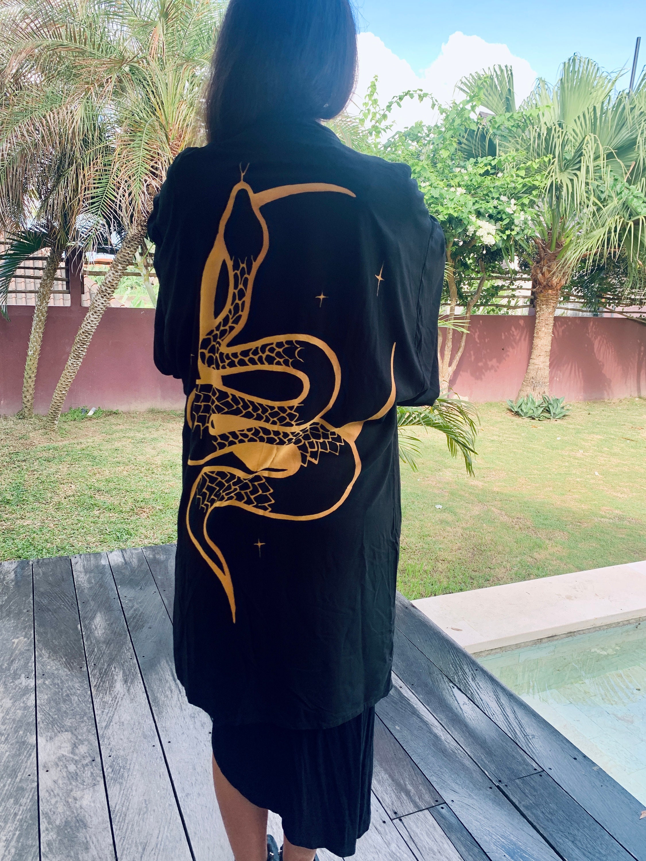 Lunar Serpent Golden Snake on Black Kimono Handpainted Batik - Etsy