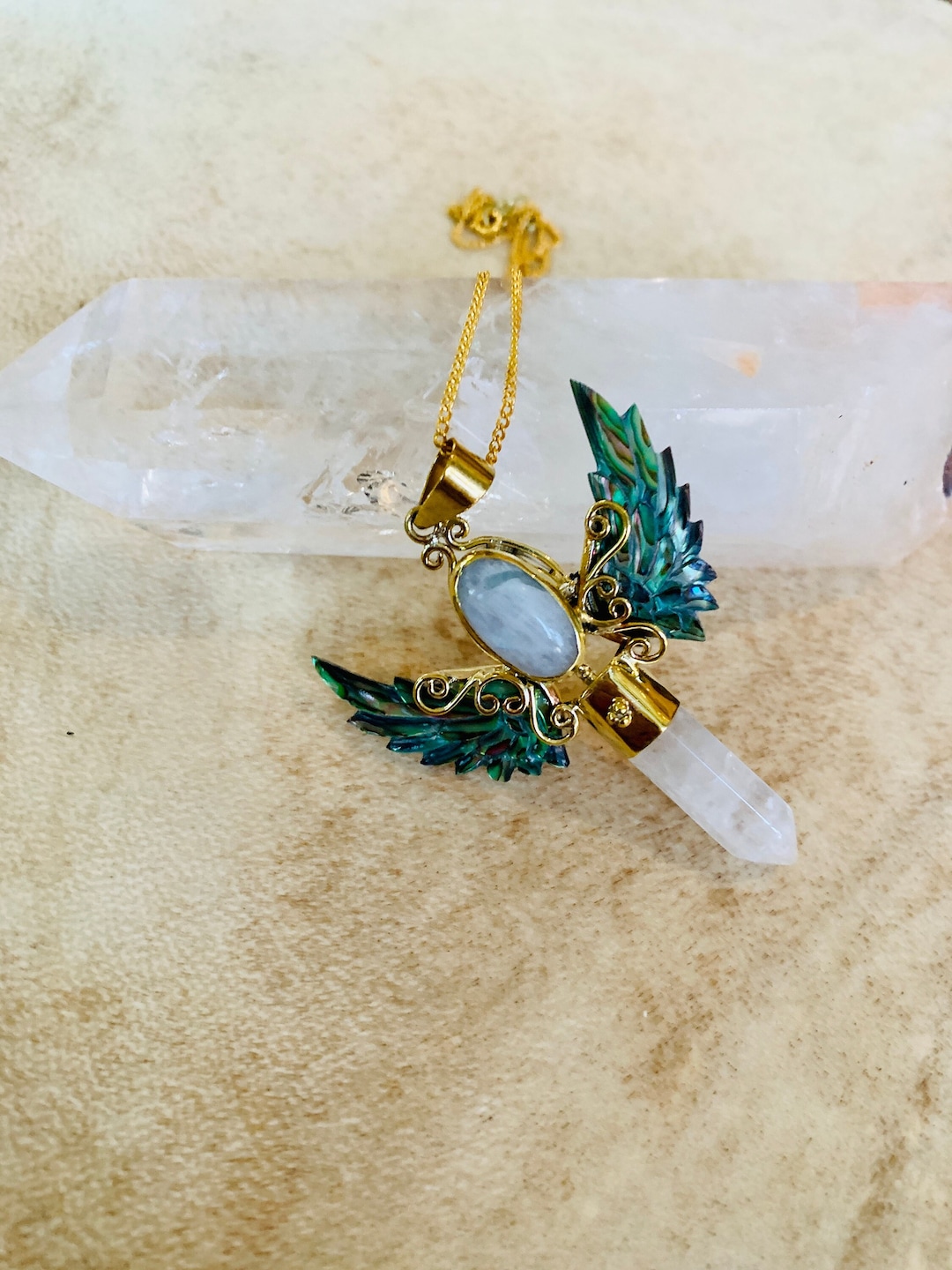 Rainbow Angel Wings of Hope Adorned With Moonstone and Clear Quartz ...