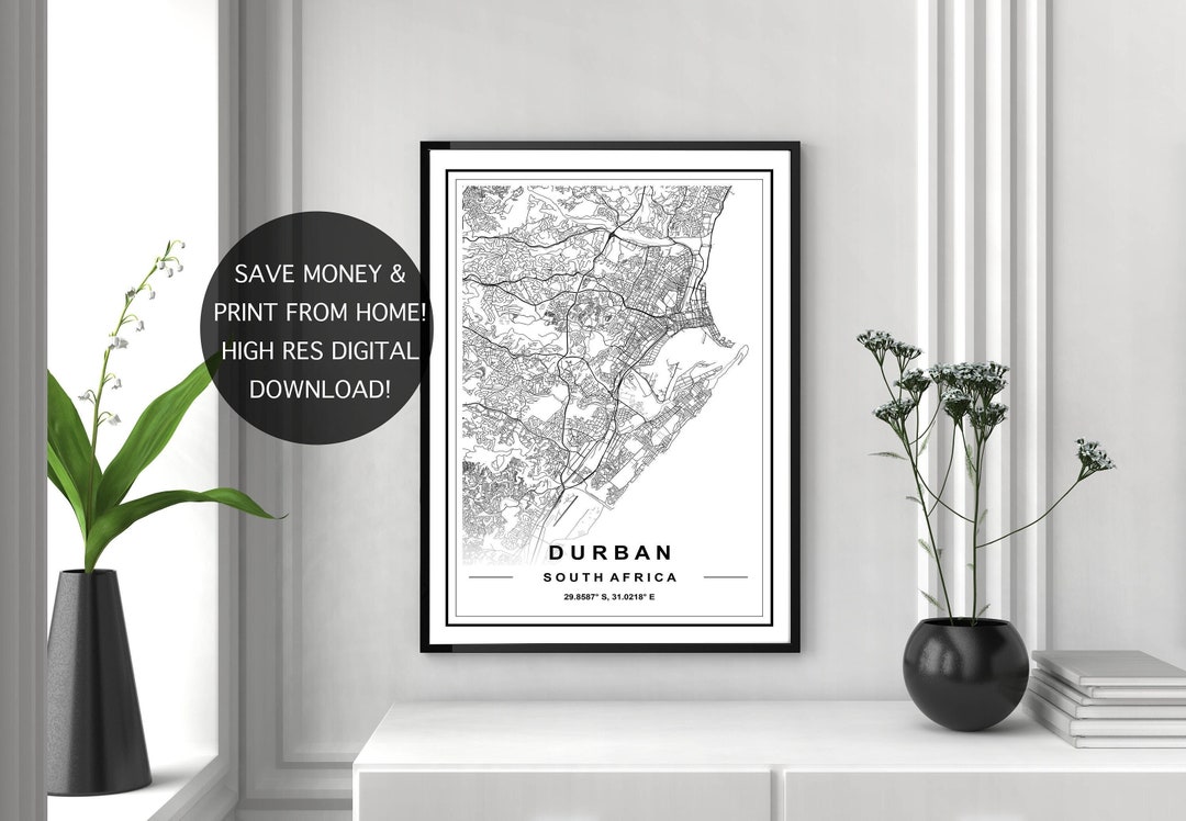 DURBAN MAP PRINT, High Res Map, Map of Durban, Durban Printable Map ...
