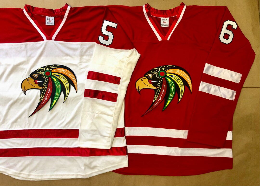 Red and White Hockey Jerseys With a Hawk Crest - We Customize With ...