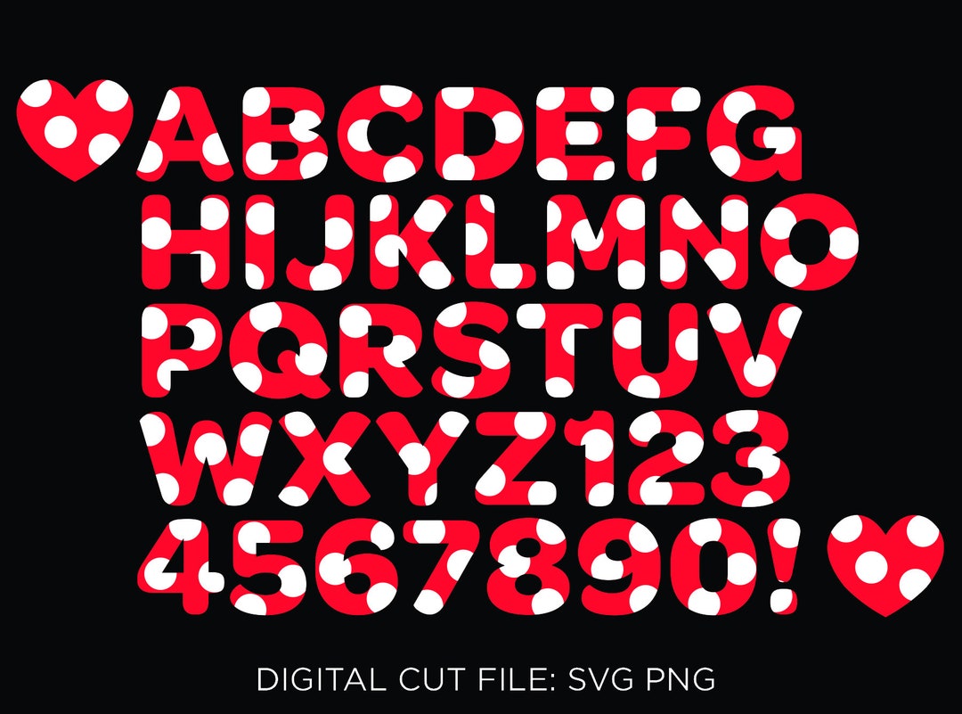 Minnie Mouse Polka Dot Alphabet, Numbers, Hearts SVG PNG (digital ...