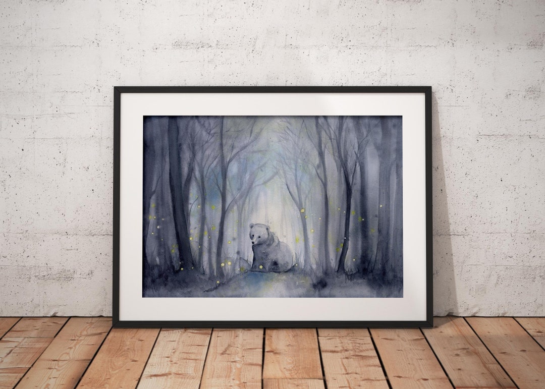 Fireflies and Bear Art Print, Enchanted Forest Watercolor - Etsy