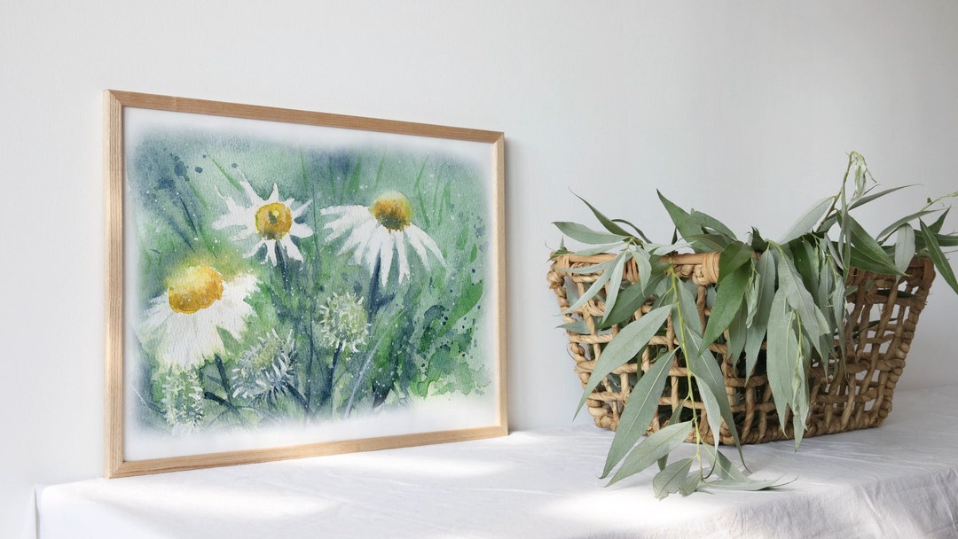 French Daisy Meadow Flowers Prairies Watercolor Painting Botanical Wall ...