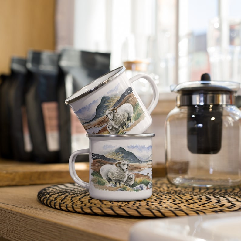 Sheep Enamel Mug, Mountain Lake Camping Coffee Cup, Personalized Gift ...