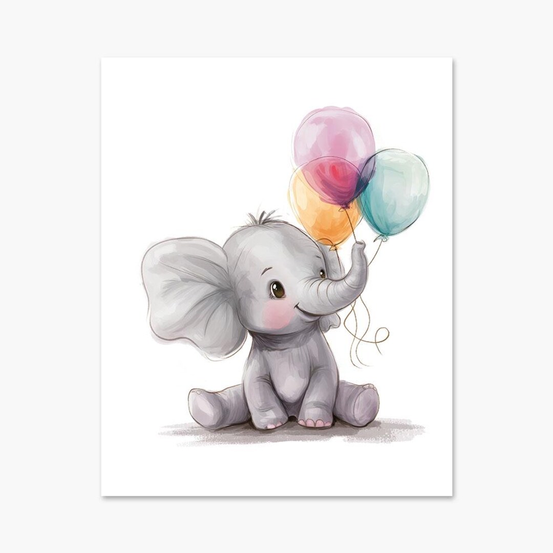 Baby Elephant Balloons Print, Nursery Room Decor, Baby Elephant Kids ...