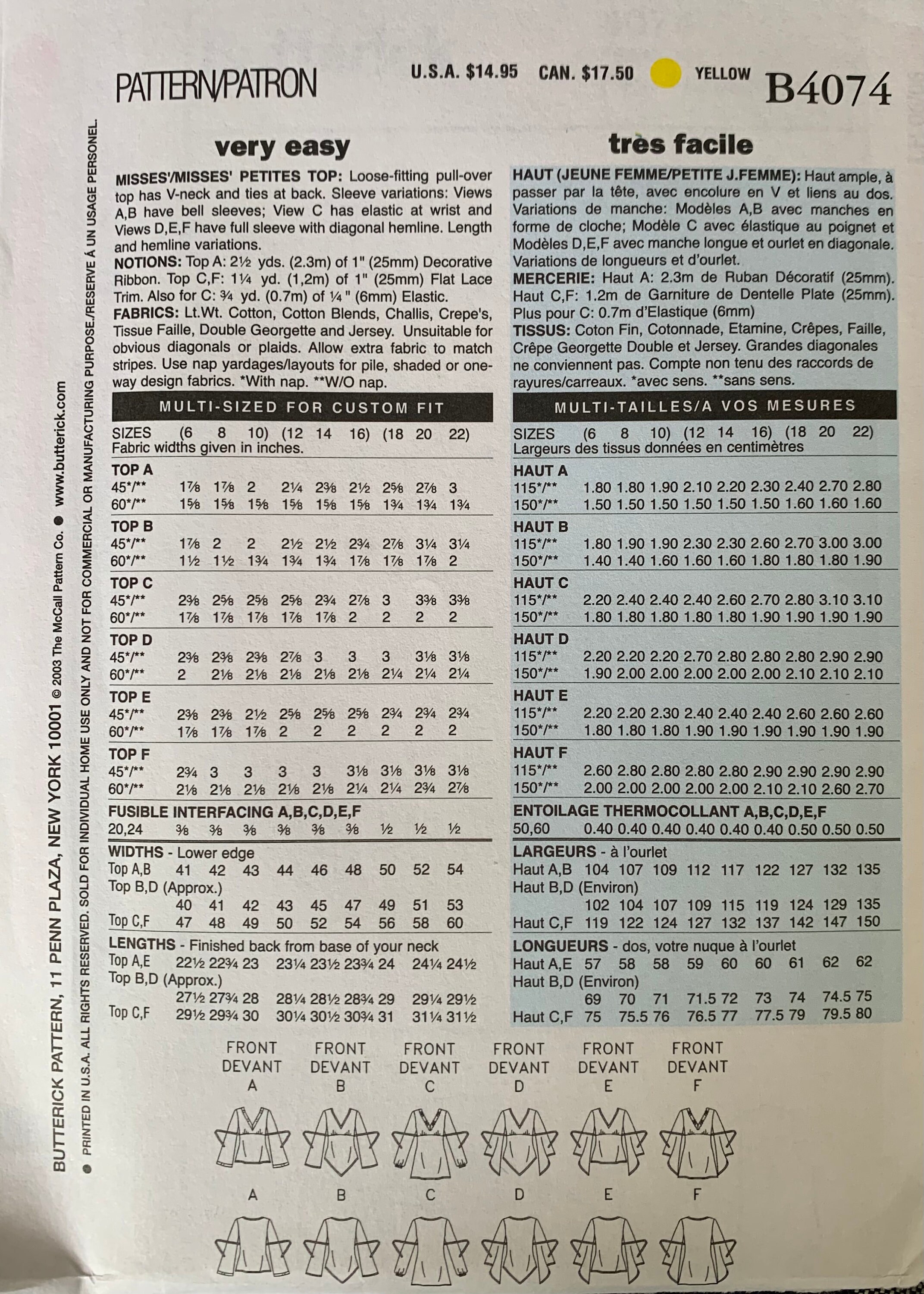 Butterick Sewing Pattern B4074 Sizes 6,8,10 - 12,14,16/ 6 Sew Fast ...