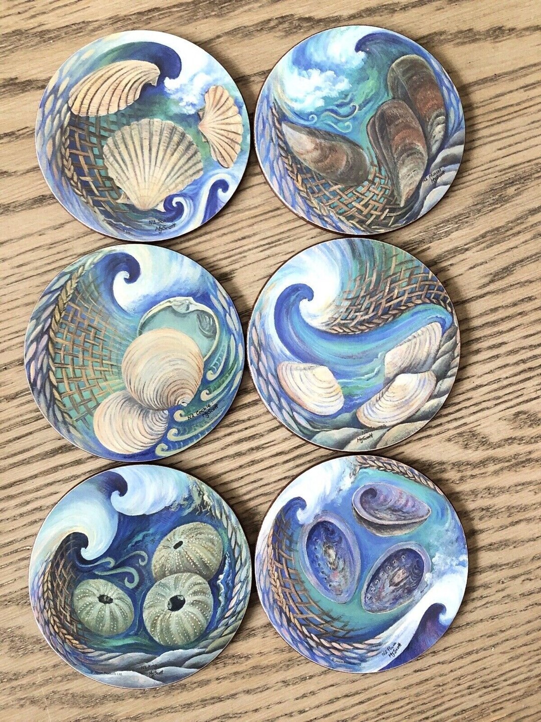 New Zealand Artist MJ Scott: Round Coaster Set of 6, n2 Coastal Finds ...