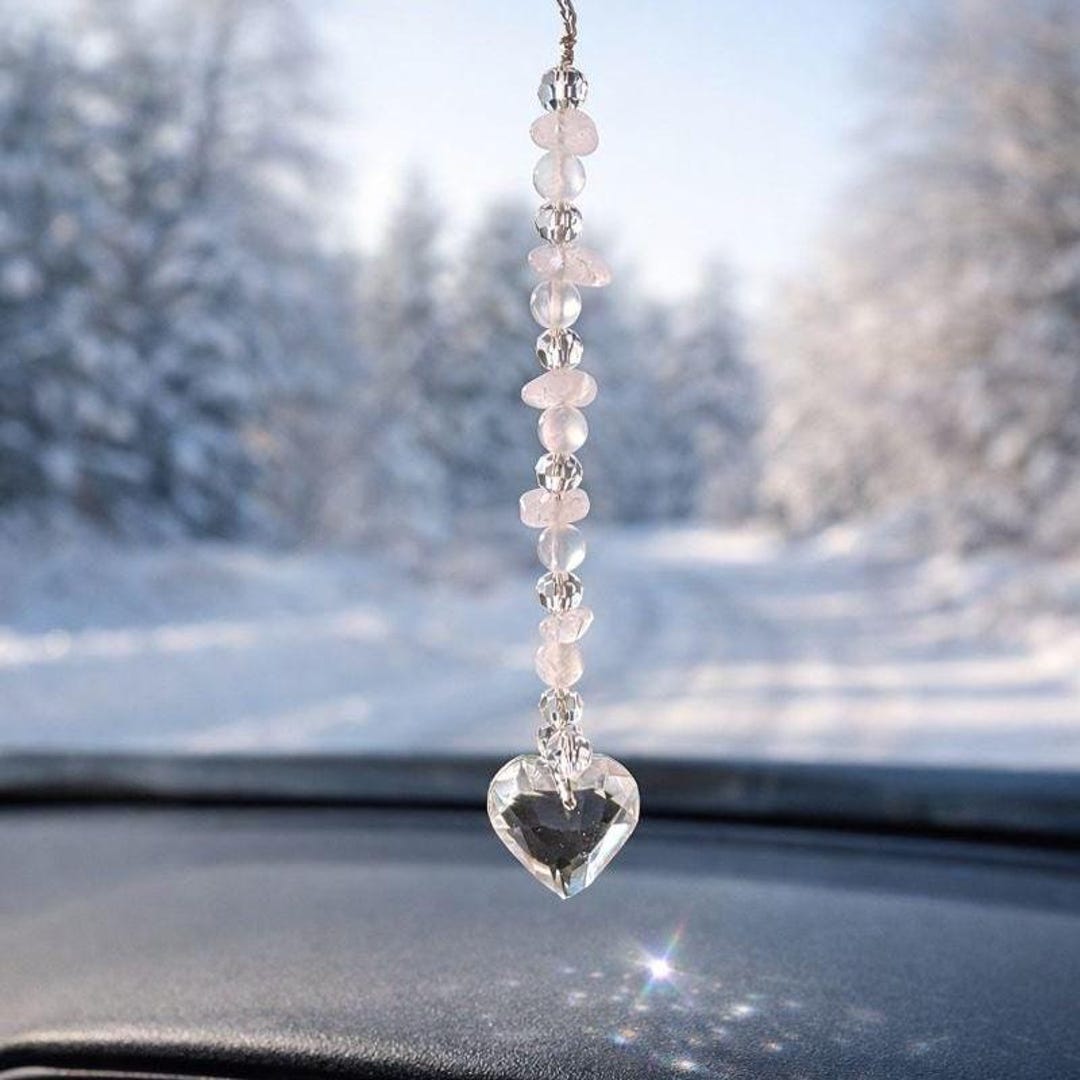 Heart Crystal Car Charm • Selenite & Quartz Rearview Mirror Suncatcher ...
