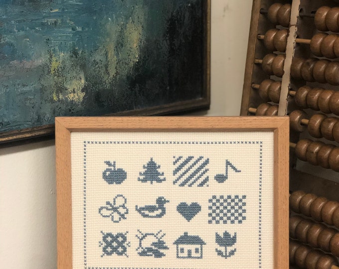 Vintage MCM Retro White Blue Cross Stitch Artwork Cottage Mid Century ...
