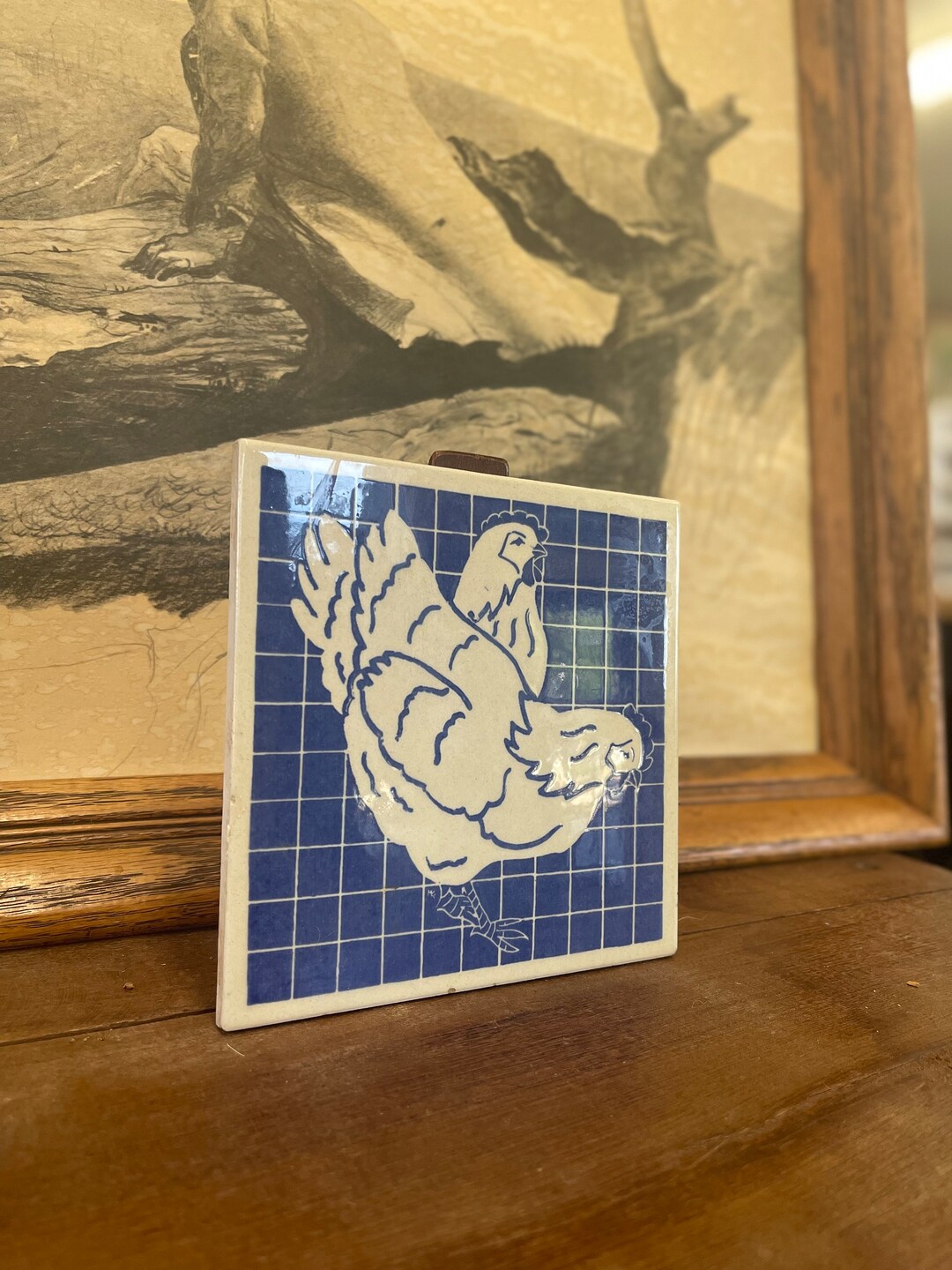 Vintage Blue Rooster Tile Coaster Motif Dish Unique Antique Style Retro ...