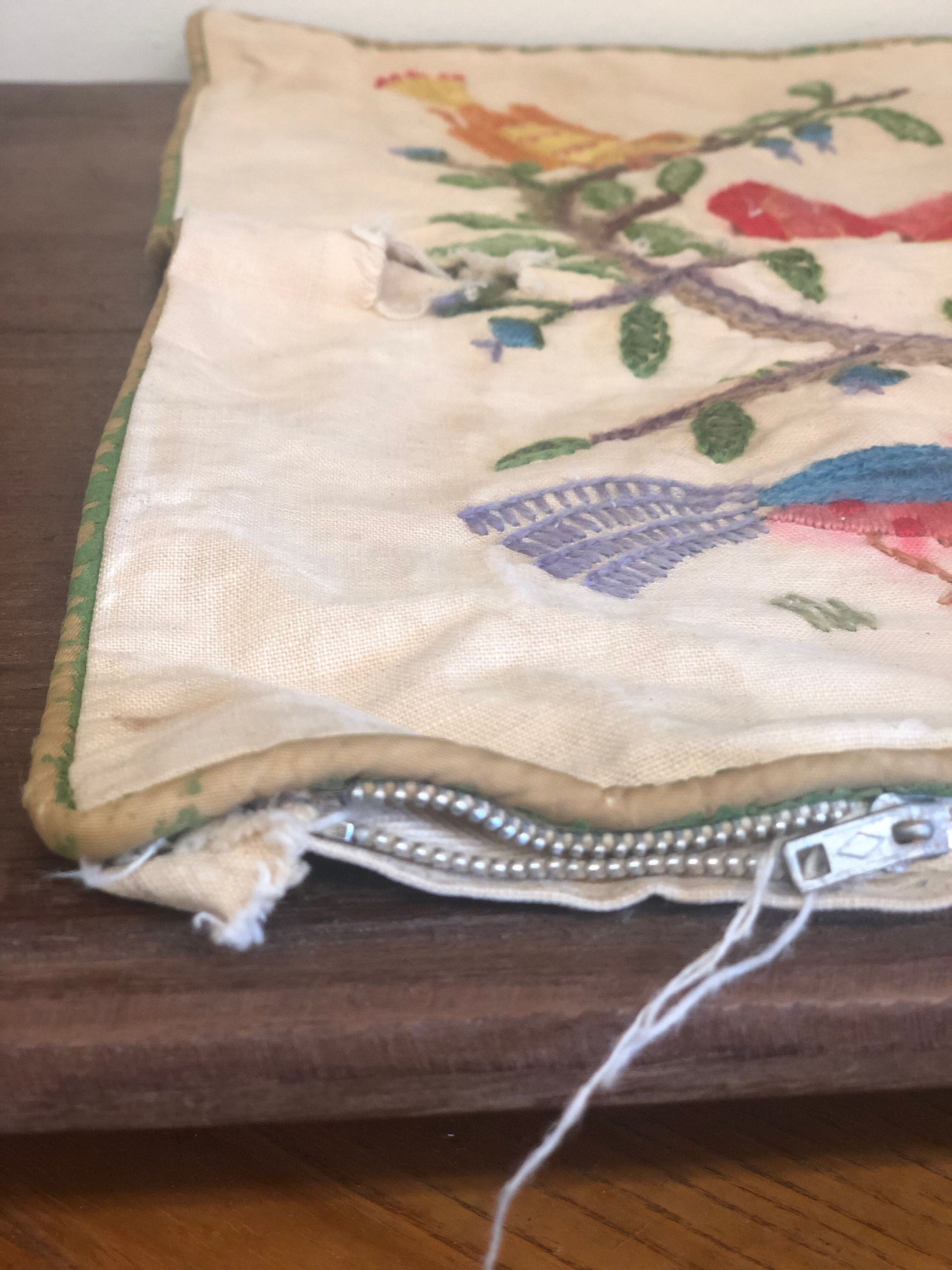 Vintage Retro MCM Animals Hand Embroidered Bird Pillowcase Mid Century ...