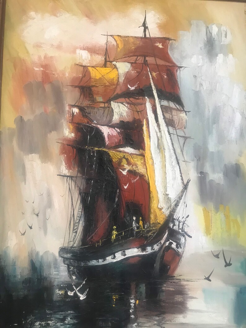Vintage Mid-century Modern Nautical Ship Oil Painting Signed - Etsy