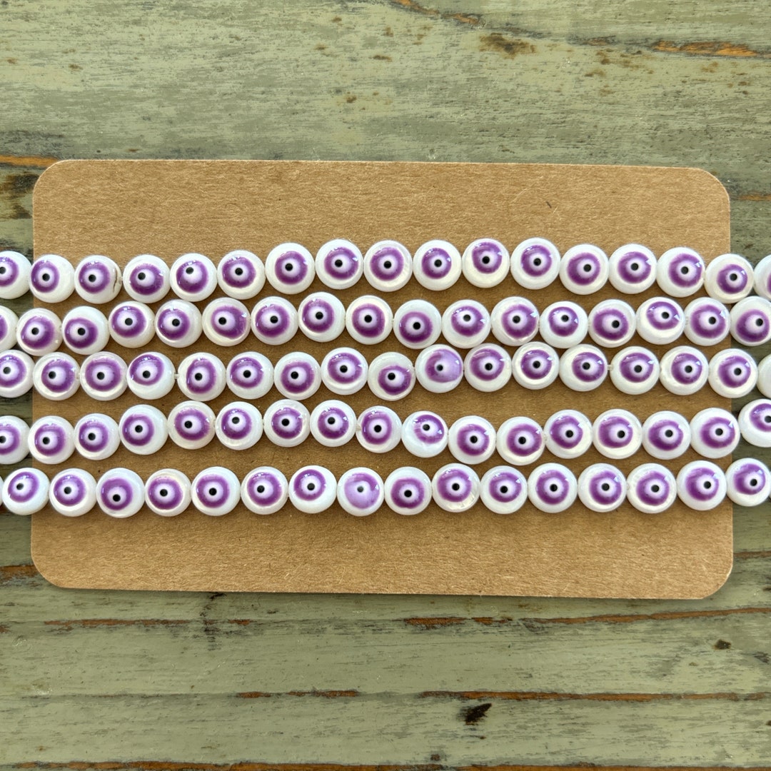 Natural Freshwater Shell Nazar Bead Strands, Flat Round Purple Enamel ...