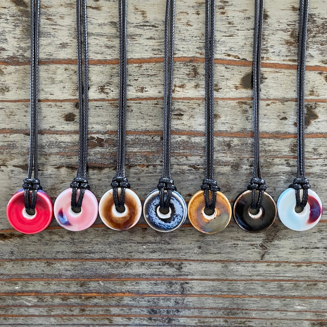 Ceramic Glazed Disc Necklace, Black Corded Large Hole Pendants 30mm ...