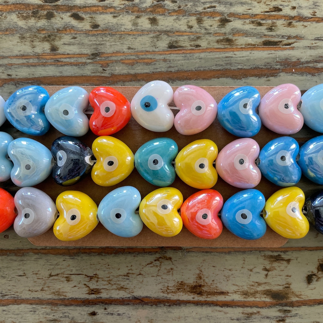 Ceramic Nazar Heart Bead Strand, Huge 16mm Colorful Evil Eye Heart ...