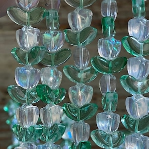 Glass Flower Beads, 14mm Tulip and Leaf, Iridescent Clear - Etsy