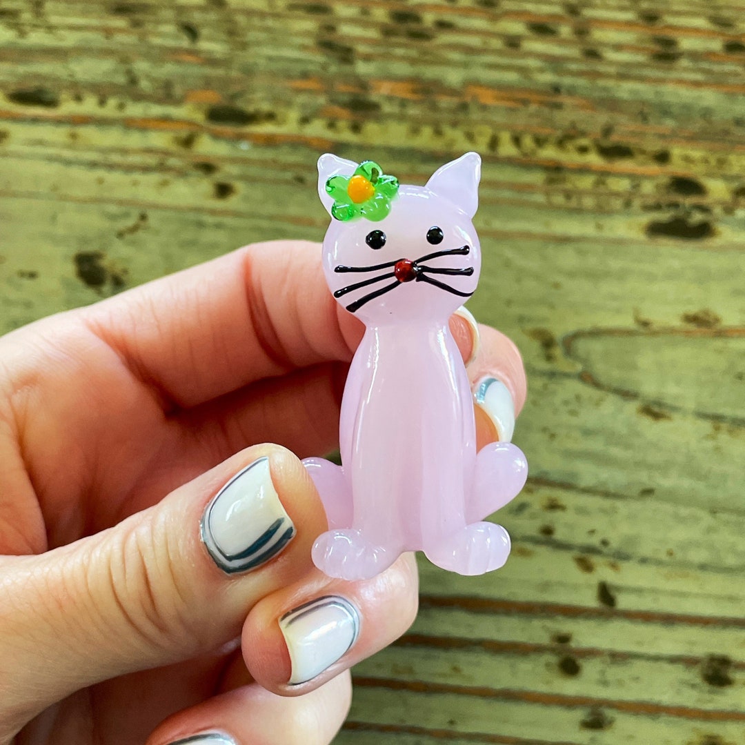 Lampwork Cat, Pink Glass Tabby Cat, Display, Decoration, Figurine ...