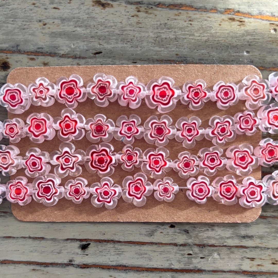 Lampwork Glass Flower Beads, Clear and Red Millefiori Flower Shape Bead ...