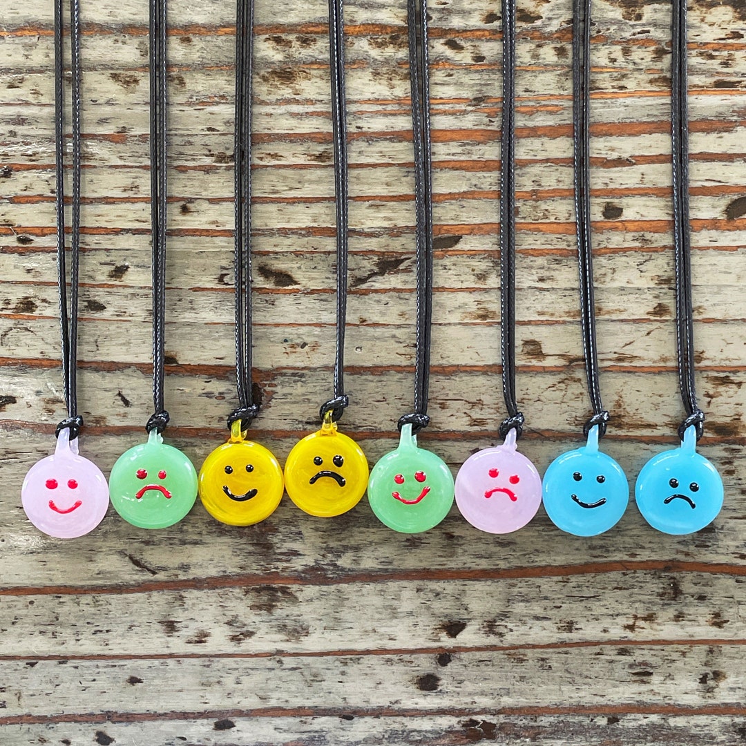 Glass Smile Face Necklace, Lampwork Glass 28mm Faces on Black Cord - Etsy
