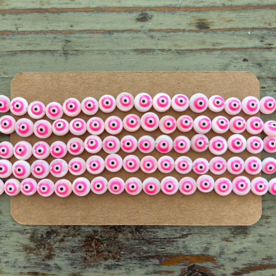 Natural Freshwater Shell Nazar Bead Strands, Flat Round Pink Enamel ...