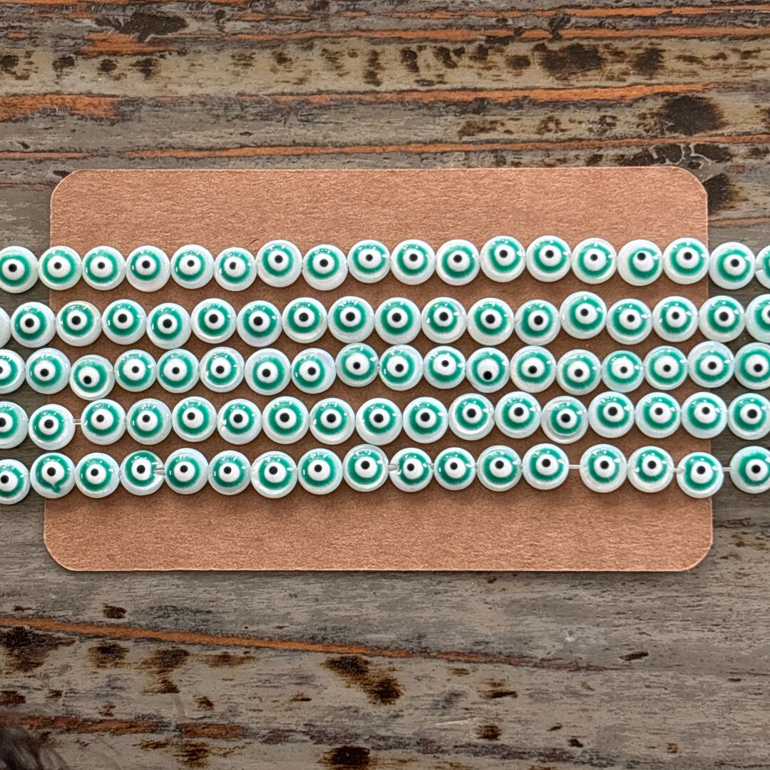 Natural Freshwater Shell Nazar Bead Strands, Flat Round Teal Enamel ...