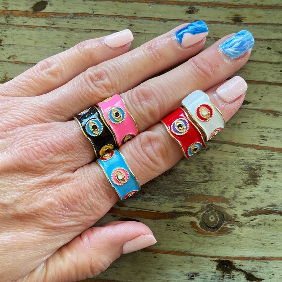 Evil Eye Chunky Band Enamel Ring Adjustable Size in Red - Etsy