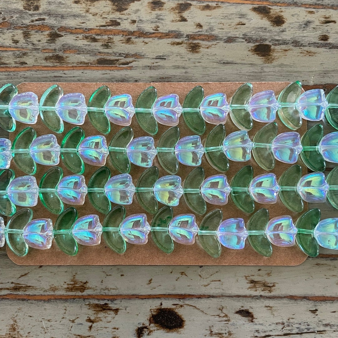 Glass Flower Beads, 14mm Tulip and Leaf, Iridescent Clear - Etsy