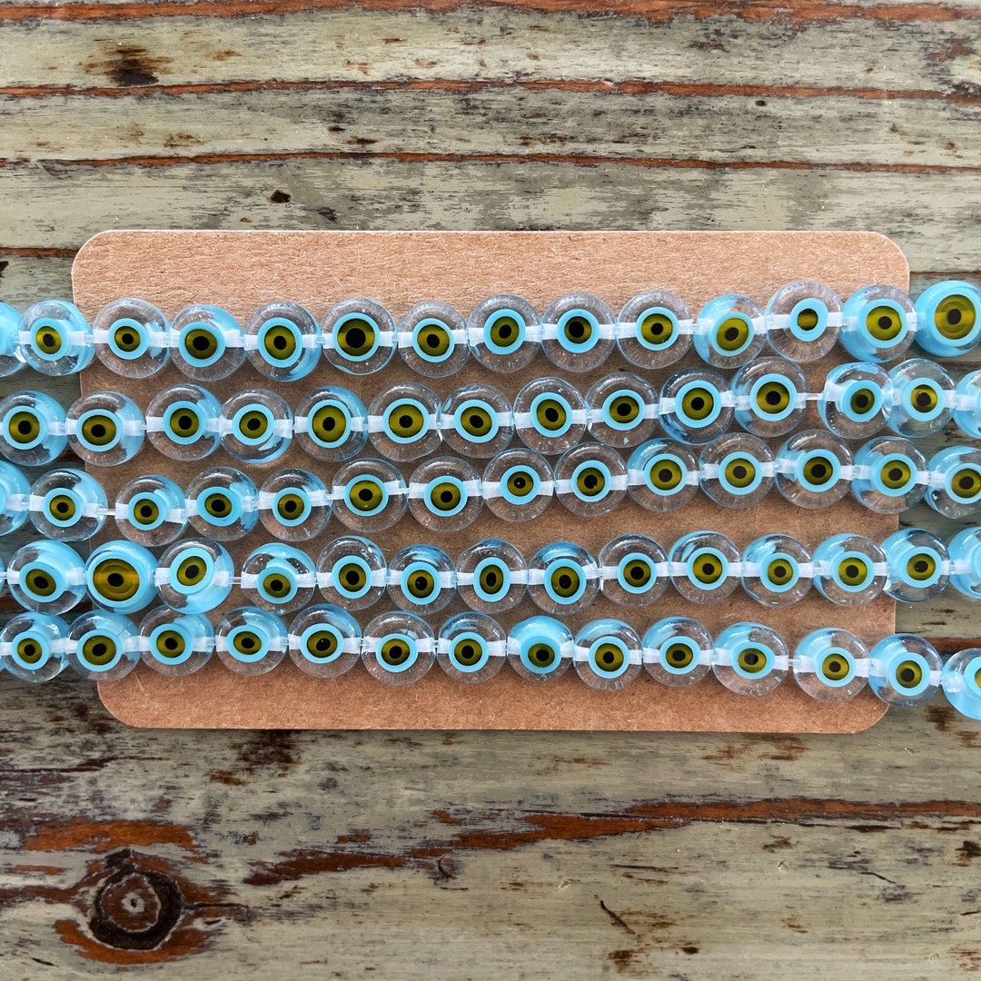 Glass Evil Eye Beads, Clear Blue Color Flat Round 8mm Lampwork Strands ...