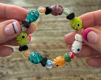 Murano Glass Fish Bracelet, Lampwork Pink Fish Jewelry, Beaded Bracelet ...