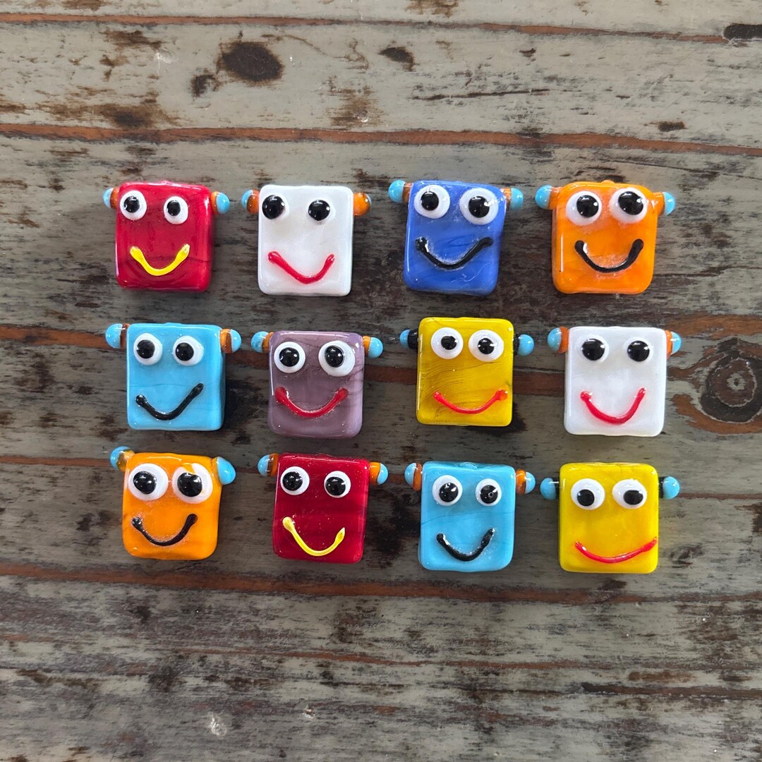 Lampwork Square Robot Face Beads: Colorful Glass Beads (14 Piece) - Etsy