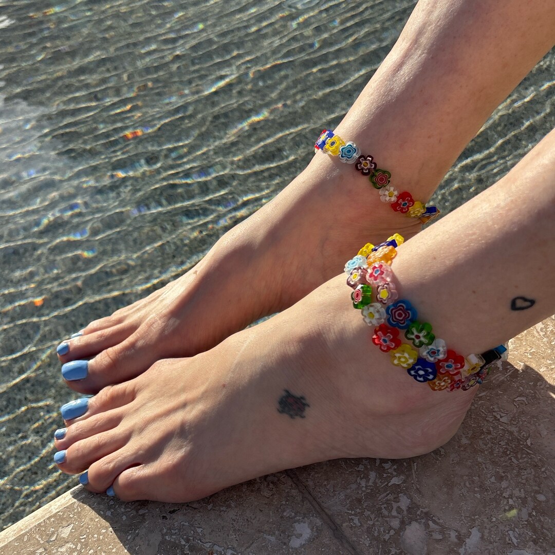 Glass Flower Anklets, Perfect for Summer, Multicolor, 9” Stretchy ...