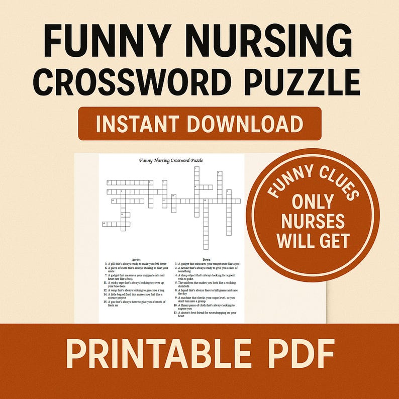 Funny Nursing Crossword Puzzle Printable PDF Gift for Nurses or Nursing ...