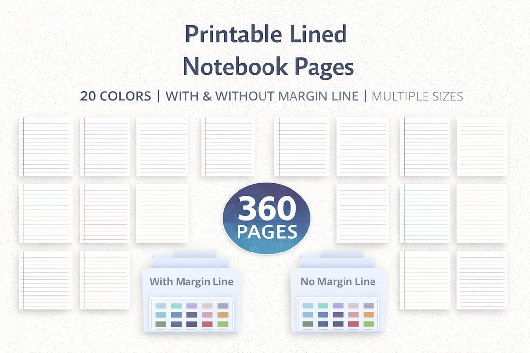 Printable Lined Notebook Pages | 20 Colors, Margin Options (digital ...