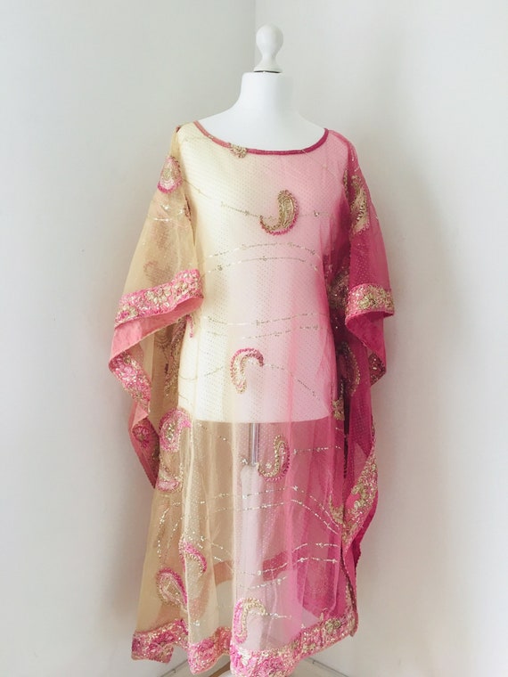 Lemon/rose tuile embroidered reworked vintage sari ka… - Gem