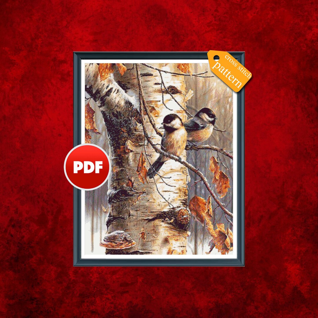 PDF Chickadees in Birch Tree Cross Stitch Pattern Birds Cross Stitch ...
