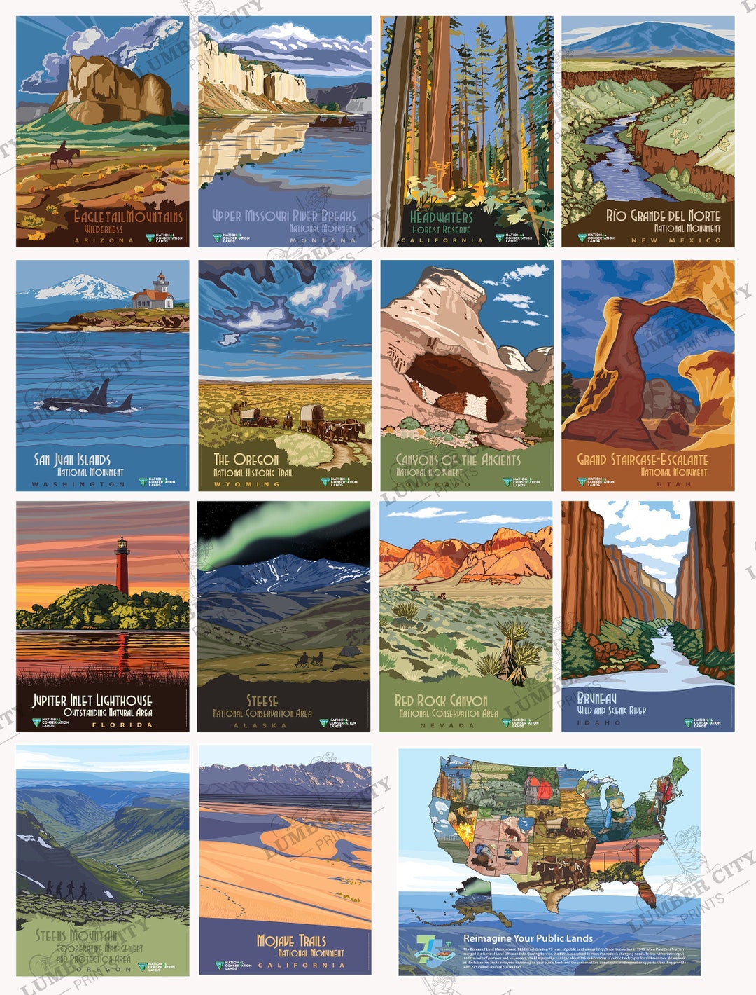 SET of (15) USA National Conservation Land Posters - W/ Bonus Map Print ...