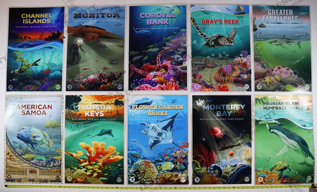 SET of (14) National Marine Sanctuary System Posters NOAA Oceanic Print ...