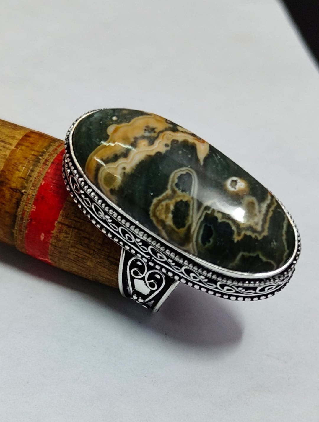 Oxidized Stone Silver Ring: Huge Natural Rain Forest Jasper, Handmade ...