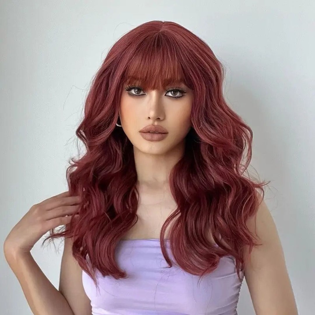 Red Wig Bob Wig Ginger Wig Red Long Wave Wig With Bangs 22 - Etsy