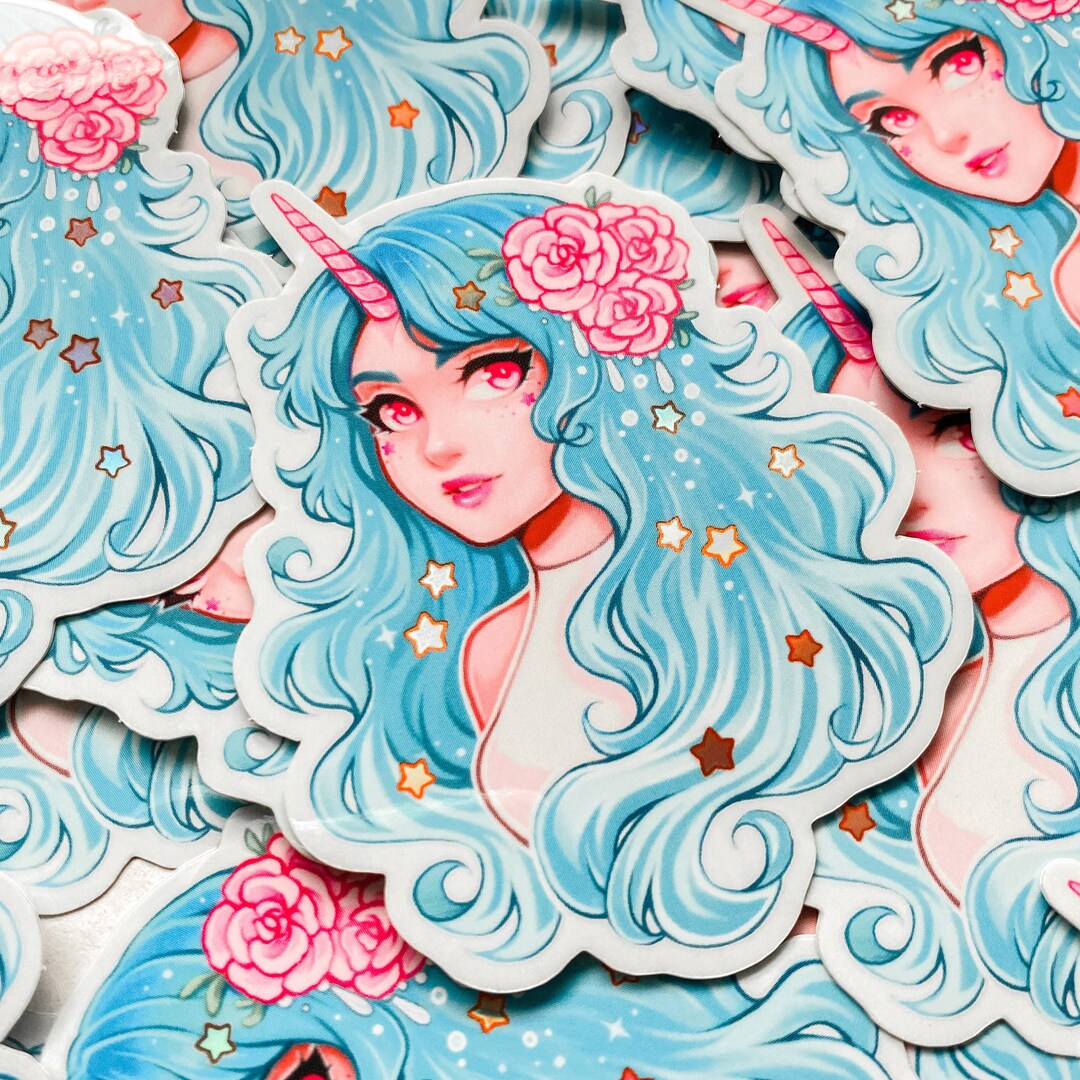 Blue Unicorn Girl Holographic Waterproof Sticker - Etsy
