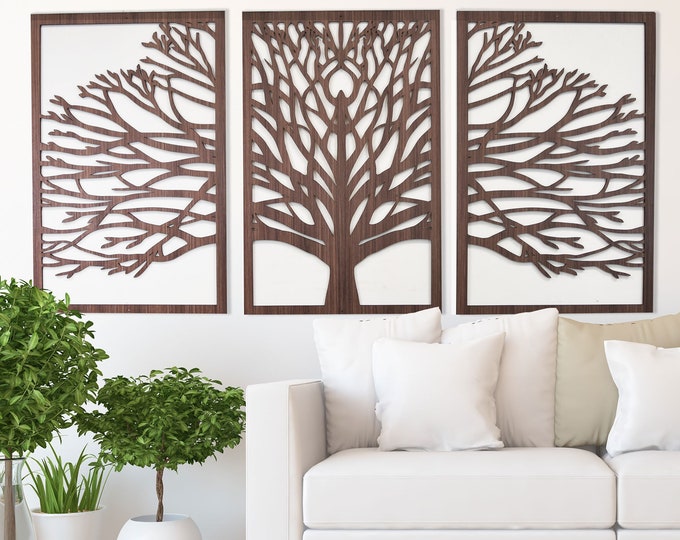 Tree of Life Wood Wall Art, 3 Panel Set, Tree Wall Decor, Forest ...