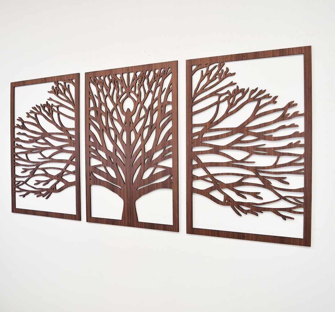 Zen Tree Wood Wall Art 3D Panels Set of 3 Textured Wall Art, Trees Wall Decor, Forest Mountains ...