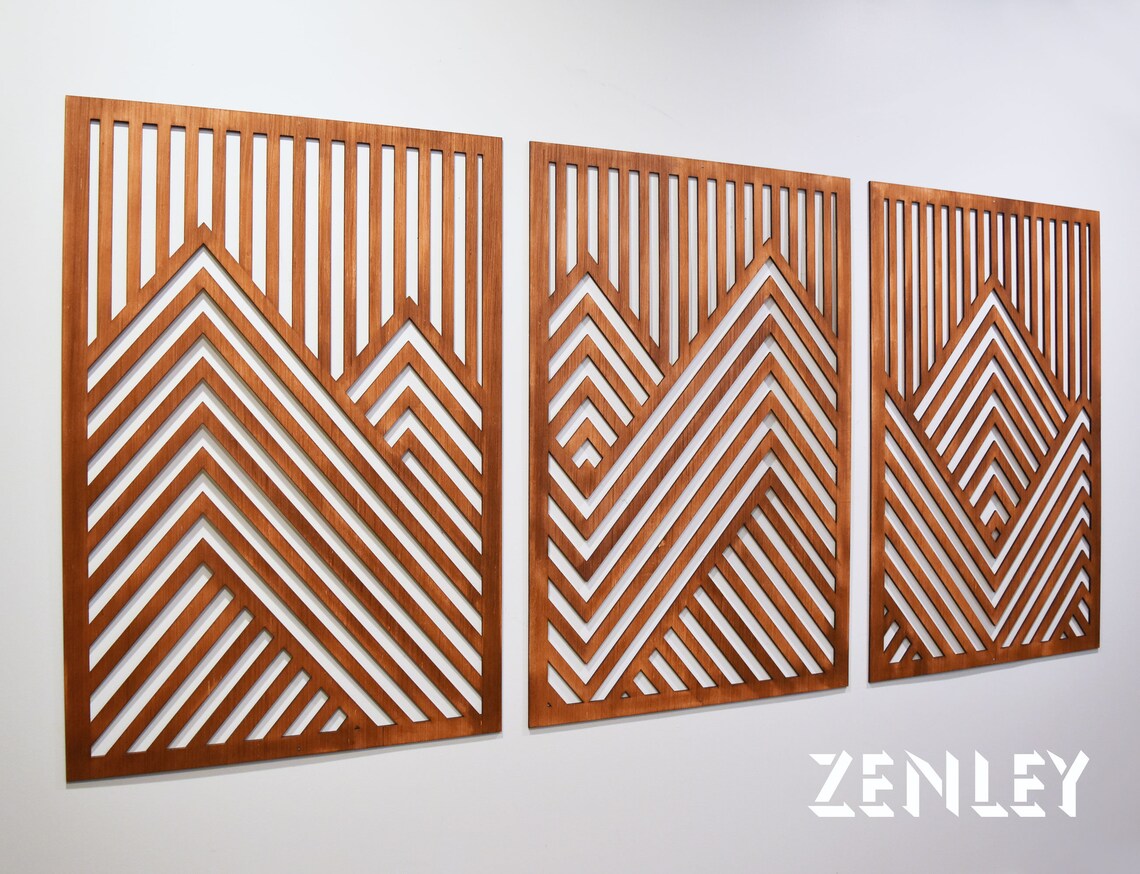 Mountain Wood Wall Art Panels Set of 3 Geometric Wooden | Etsy