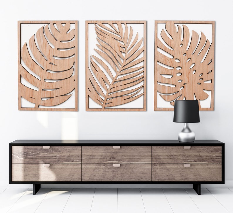 Wood Leaves Wall Art, 3 Panel Set, Monstera Leaf Wall Decor, Tropical ...