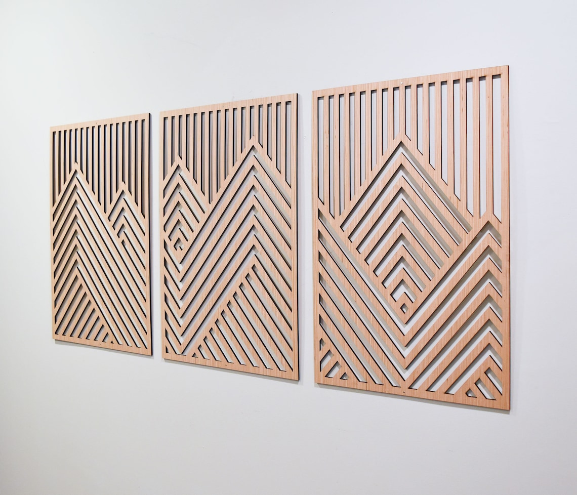 Mountain Wood Wall Art Panels Set of 3 Geometric Wooden - Etsy